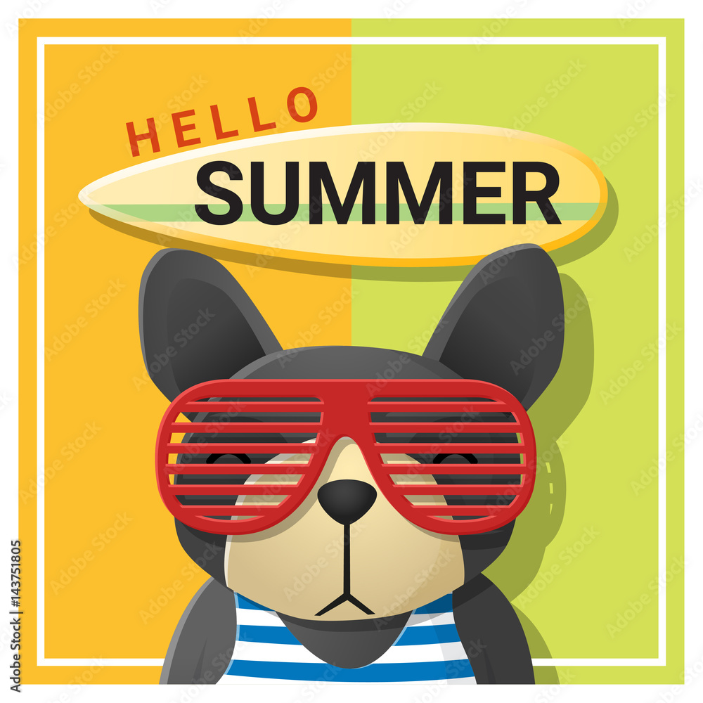 Hello summer background with dog wearing sunglasses , vector ...