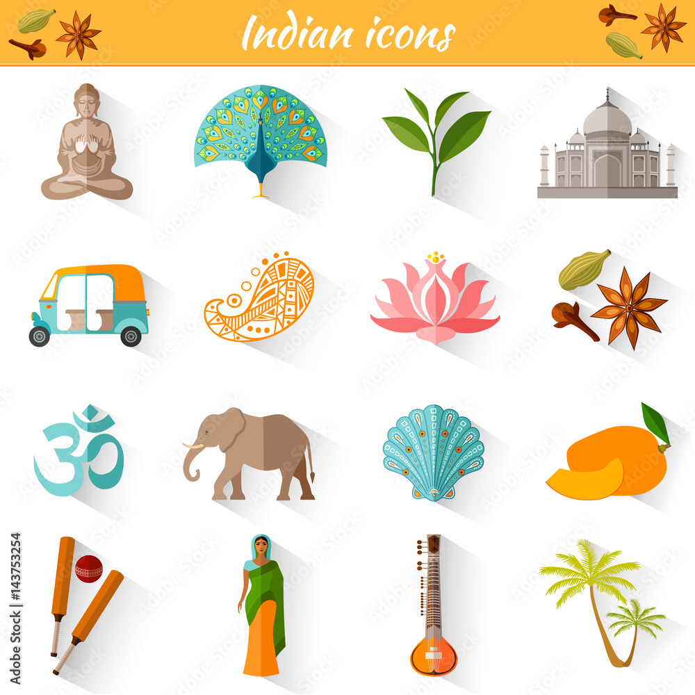 Set of vector travel Indian icons. Collection of famous symbols and ...
