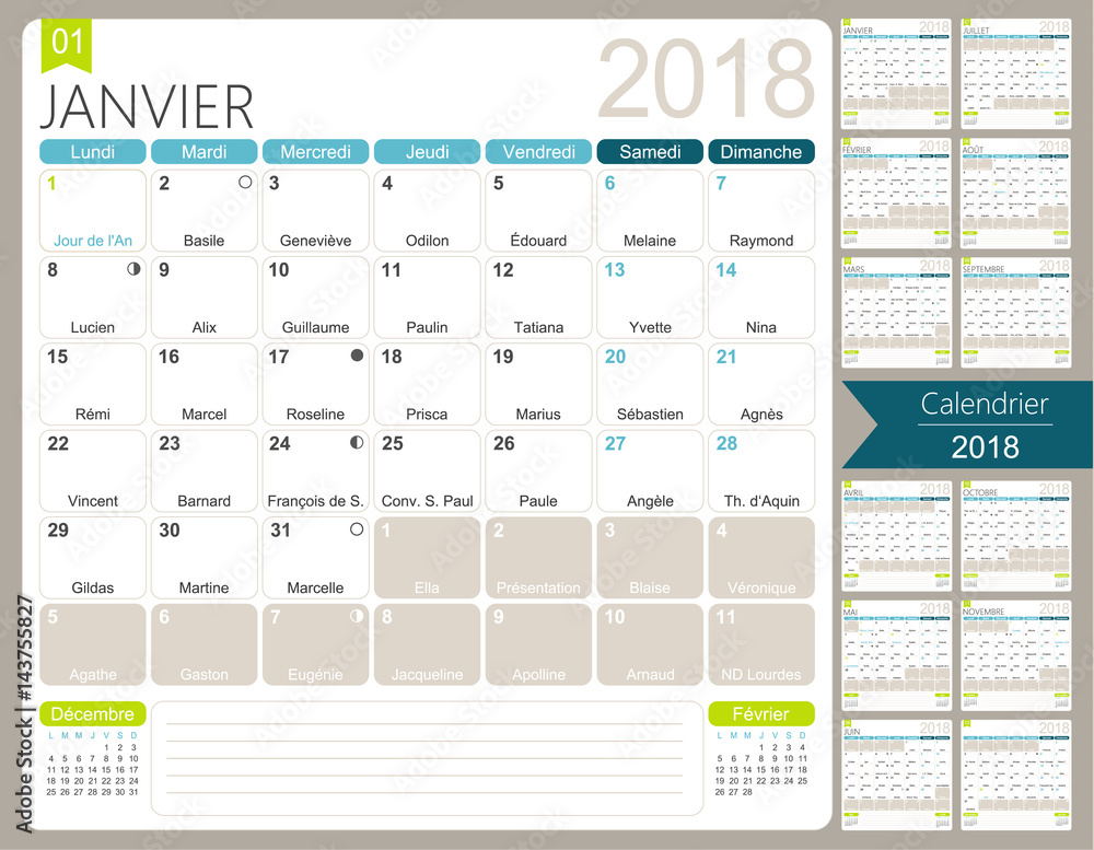 French calendar 2018 / Calendar 2018, set of 12 months January ...
