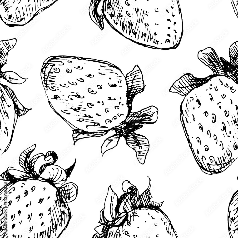 Seamless background of strawberry drawn with pen and ink. Stock Vector ...
