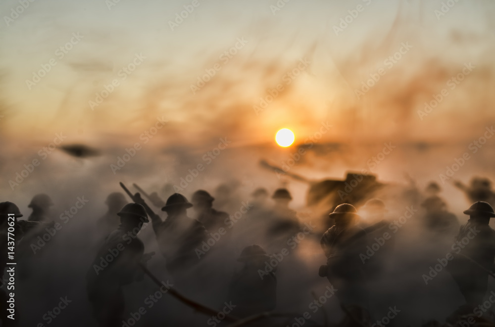 War Concept. Military silhouettes and tanks fighting scene on war fog ...