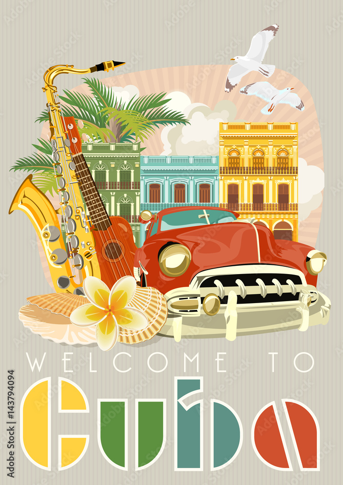 Cuba attraction and sights - travel postcard concept. Vector ...