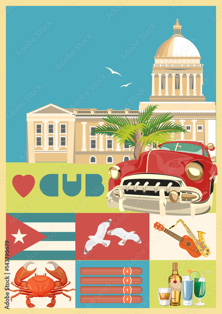 Cuba attraction and sights - travel postcard concept. Vector ...