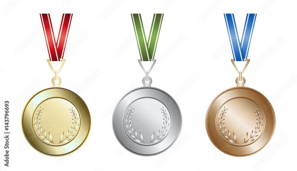 Different medals set on white background. Golden, silver and bronze ...