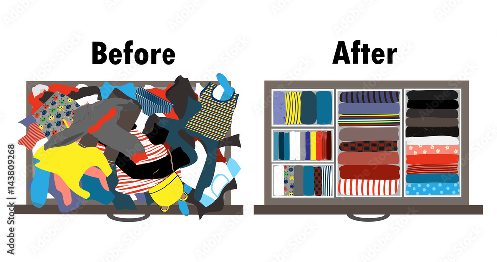 Before and after tidying up kids wardrobe in drawer. Messy clothes and ...