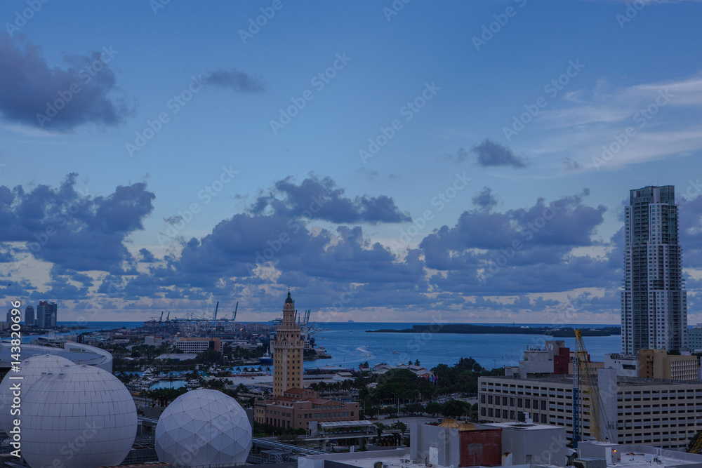 Aerial view of downtown Miami. Blue sky, skyline and ocean Stock Photo ...