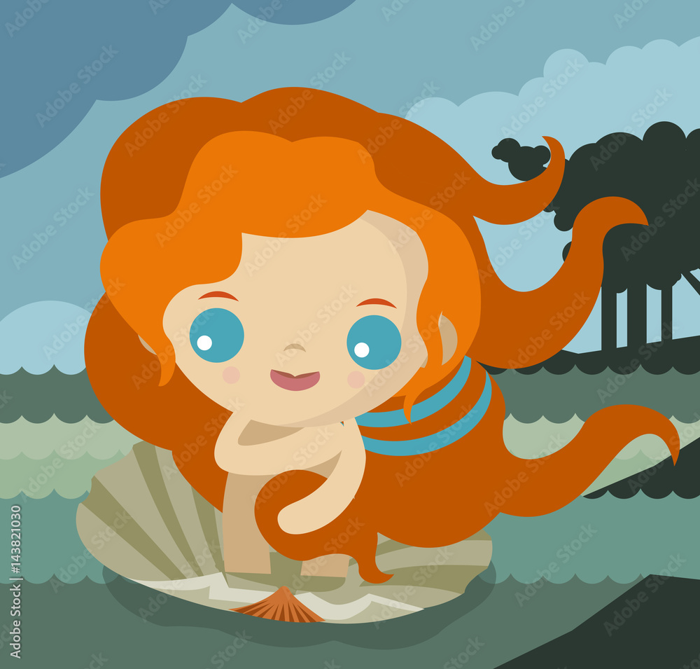 venus goddess of the love cute in a shell birth in the sea Stock Vector ...
