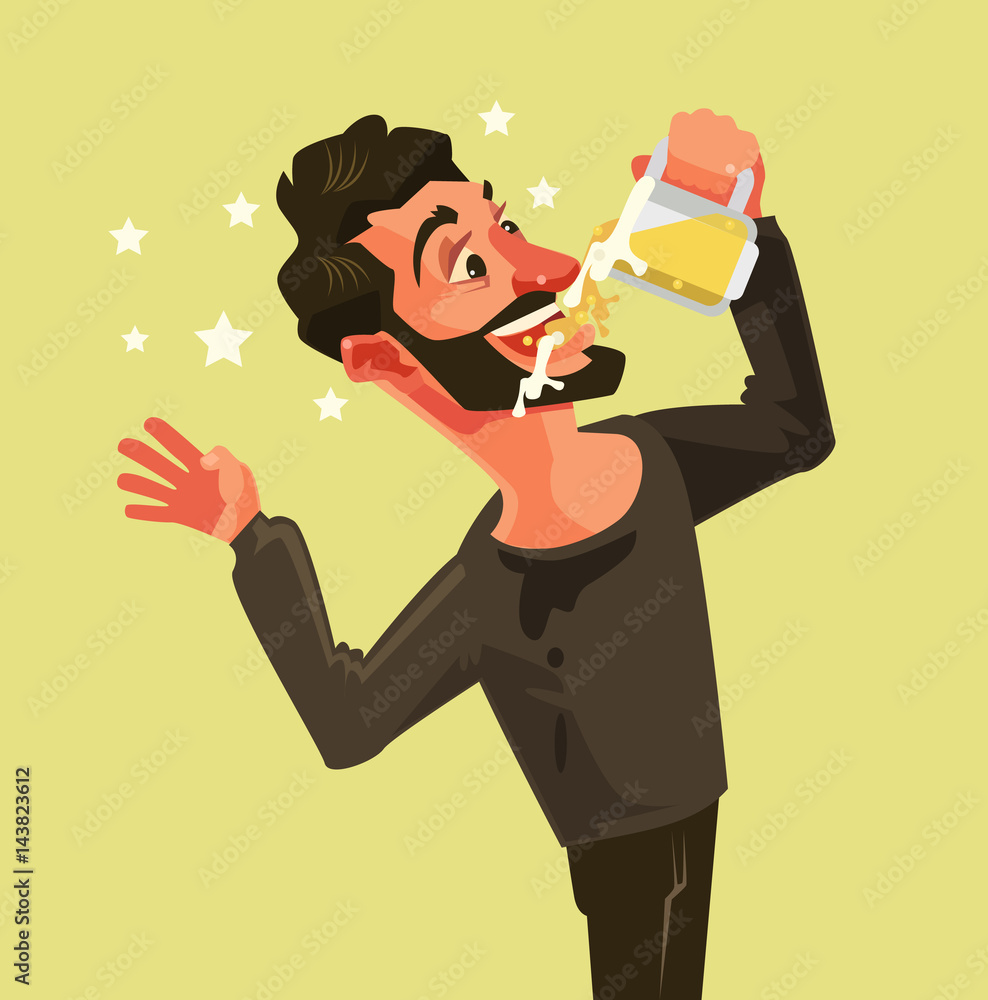 Happy man character drinks beer with mouth wide open. Vector flat ...