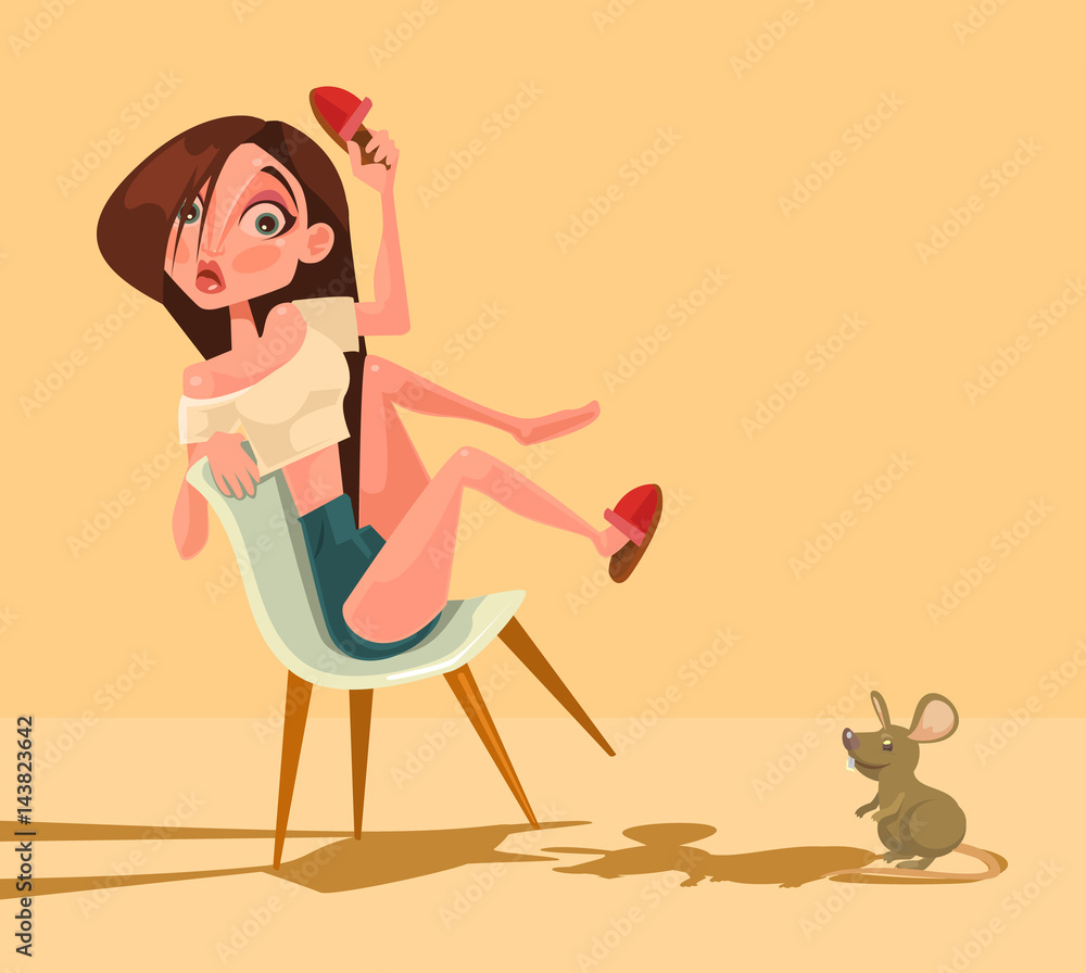 Unhappy screaming scared mouse woman character. Vector flat cartoon ...