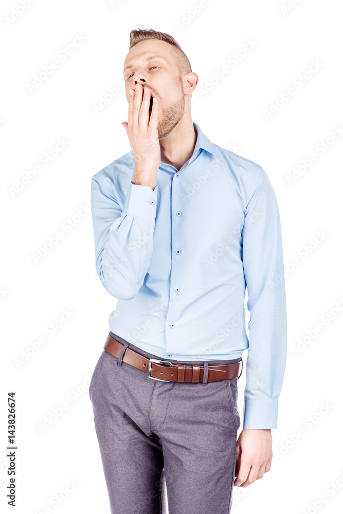 man yawning stretching arms. emotions, facial expressions, feelings ...