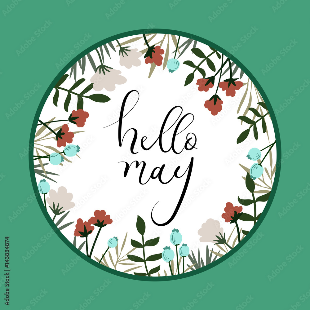 Hello May calligraphy inscription. Spring greeting card, postcard, card ...