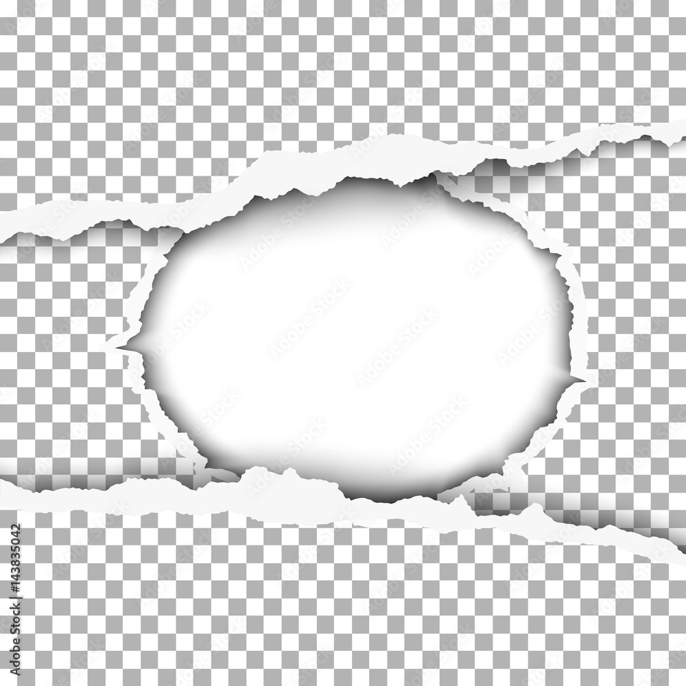Vector snatched middle of paper with torn edges, soft shadow. Round ...