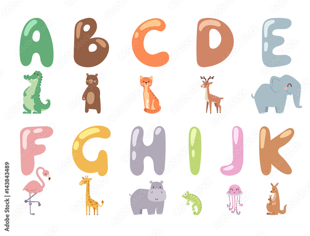 Cute zoo alphabet with cartoon animals isolated on white background and ...