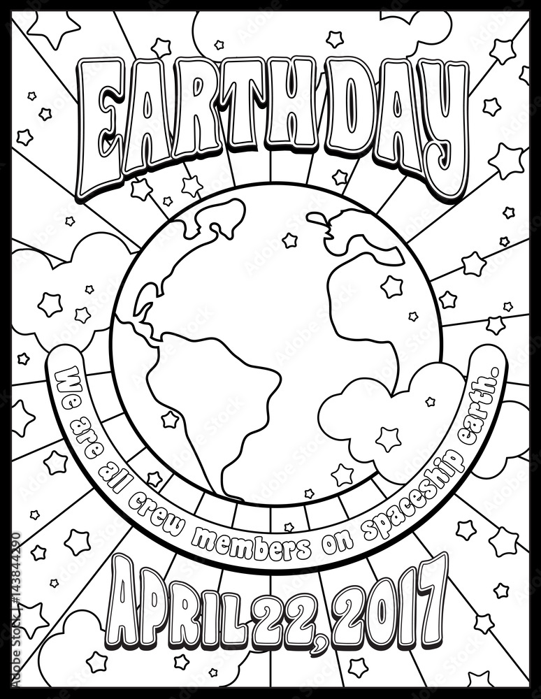 Earth Day coloring page, card or banner design in 1960s psychedelic ...