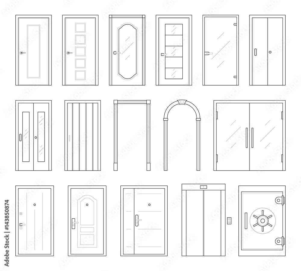 Icons set of doors types. Collection in thin linear style. Entrance to ...