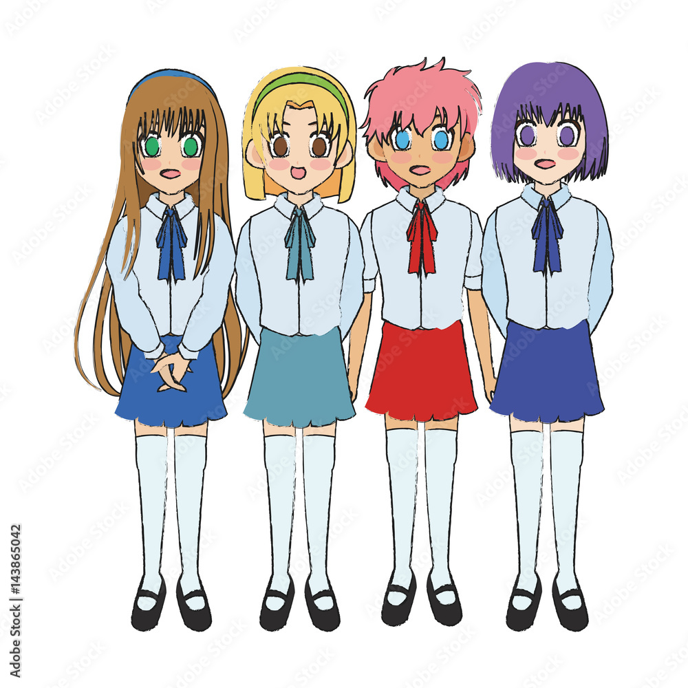 anime girls wearing school uniforms, icon over white background ...
