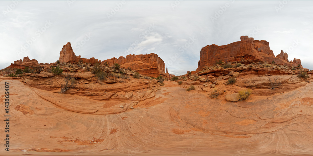 Panoramic 360 view of Park Avenue in the Arches National Park near Moab ...