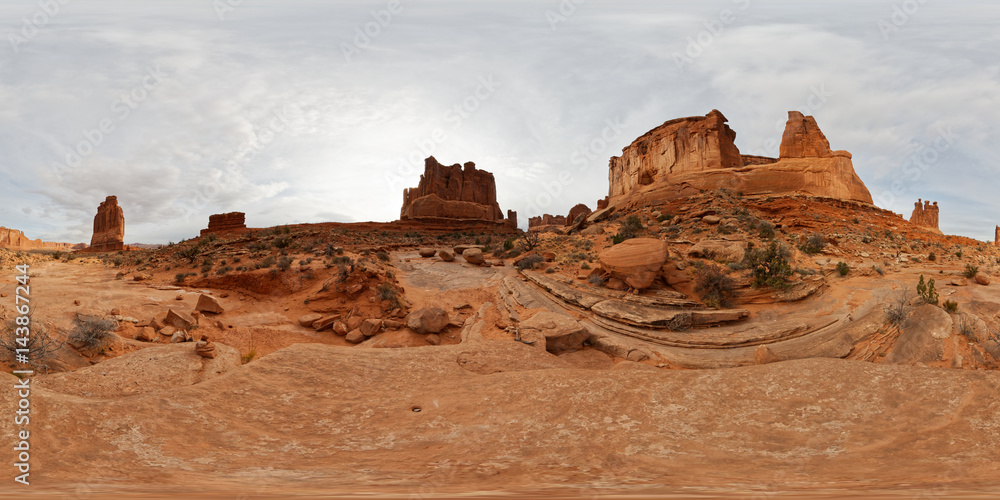 Panoramic 360 view of Park Avenue in the Arches National Park near Moab ...