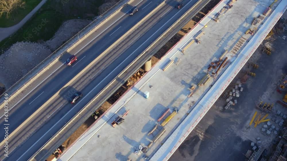 Aerial view of large bridge construction site Schiersteiner Bruecke ...