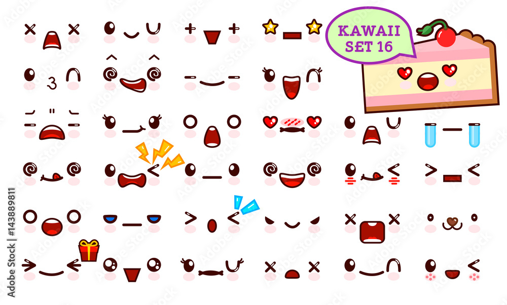 Set of cute kawaii emoticon face and sweet piece of cake kawaii ...