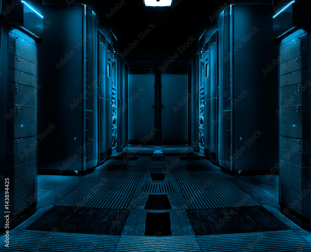Symmetric Server Room With Rows Of Mainframes In Modern Data Center