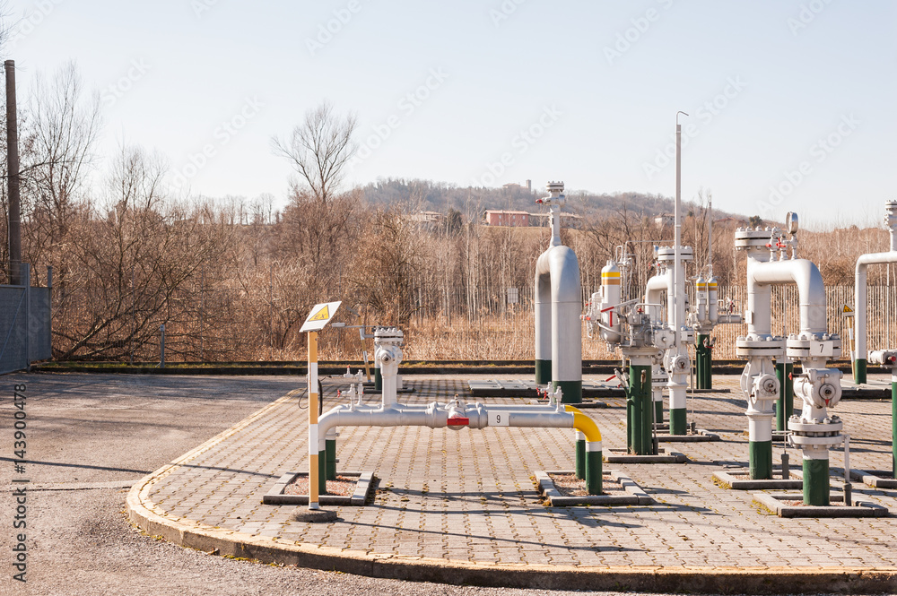 Control station and gas pipe line junction. Pipe , tank and valve ...