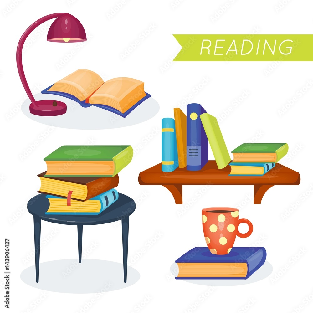 Set of different books. Reading time. Vector illustration. Cartoon ...