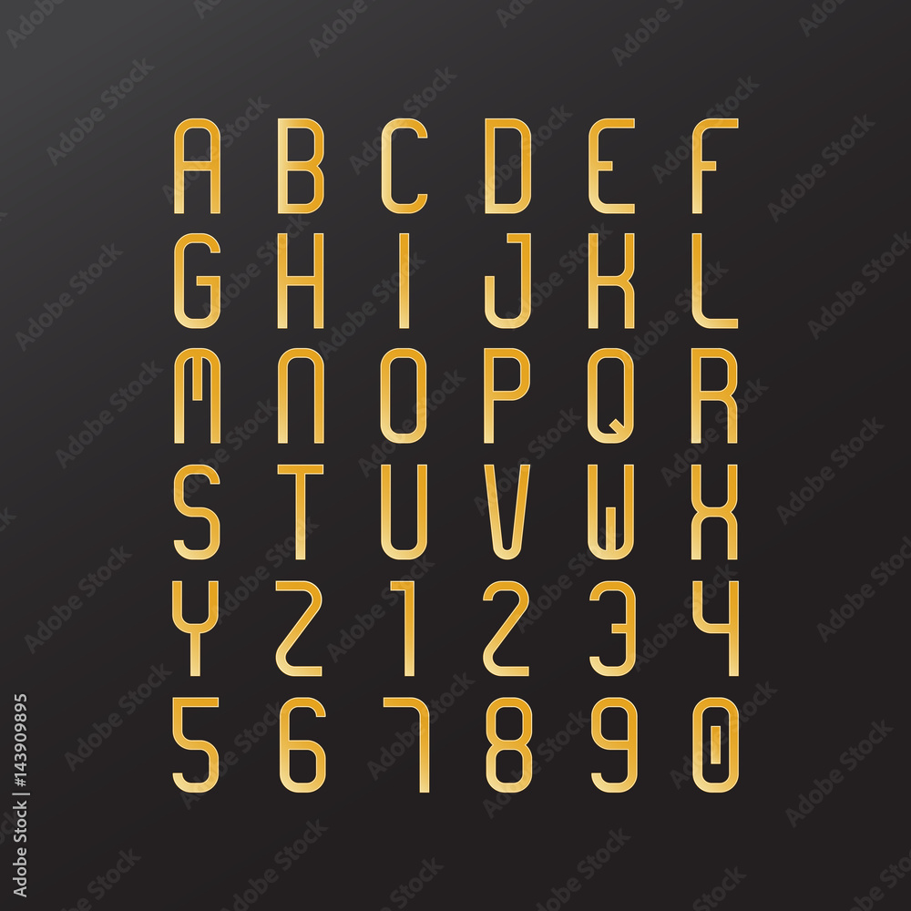 Gold letters and numbers, vector illustration isolated on black ...