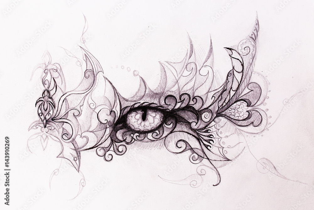 Mystic eye and beautiful ornamental. Drawing on old paper, original ...
