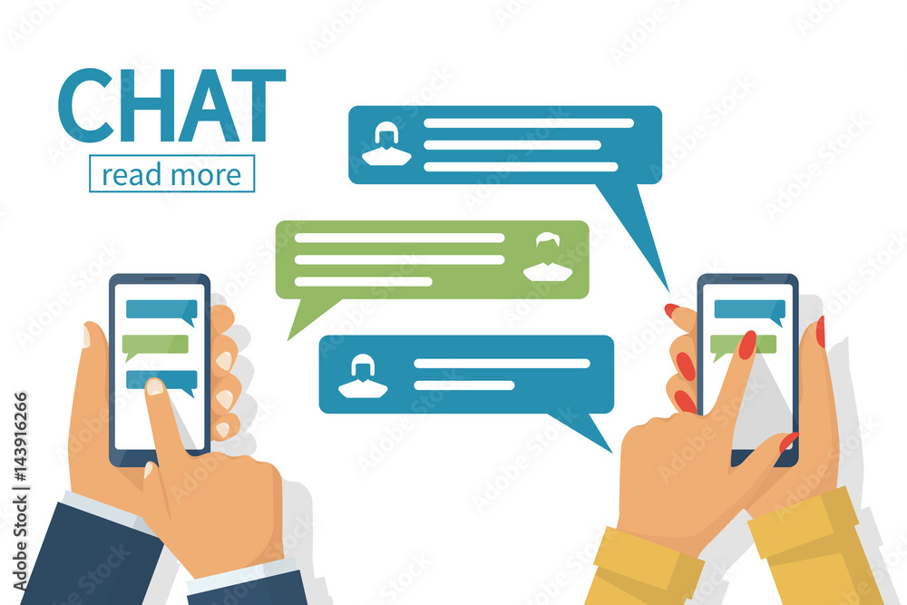 Chat concept. Man and female hold in hand smartphone. People using ...
