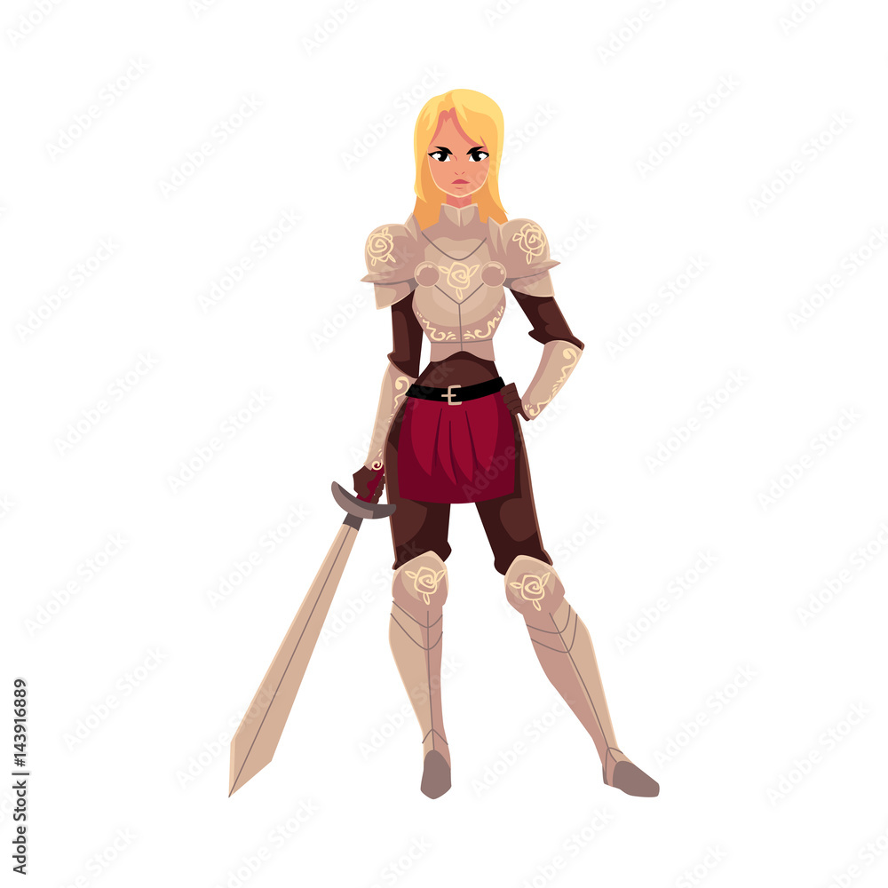 Beautiful blond woman dressed as medieval knight in decorated suit of ...