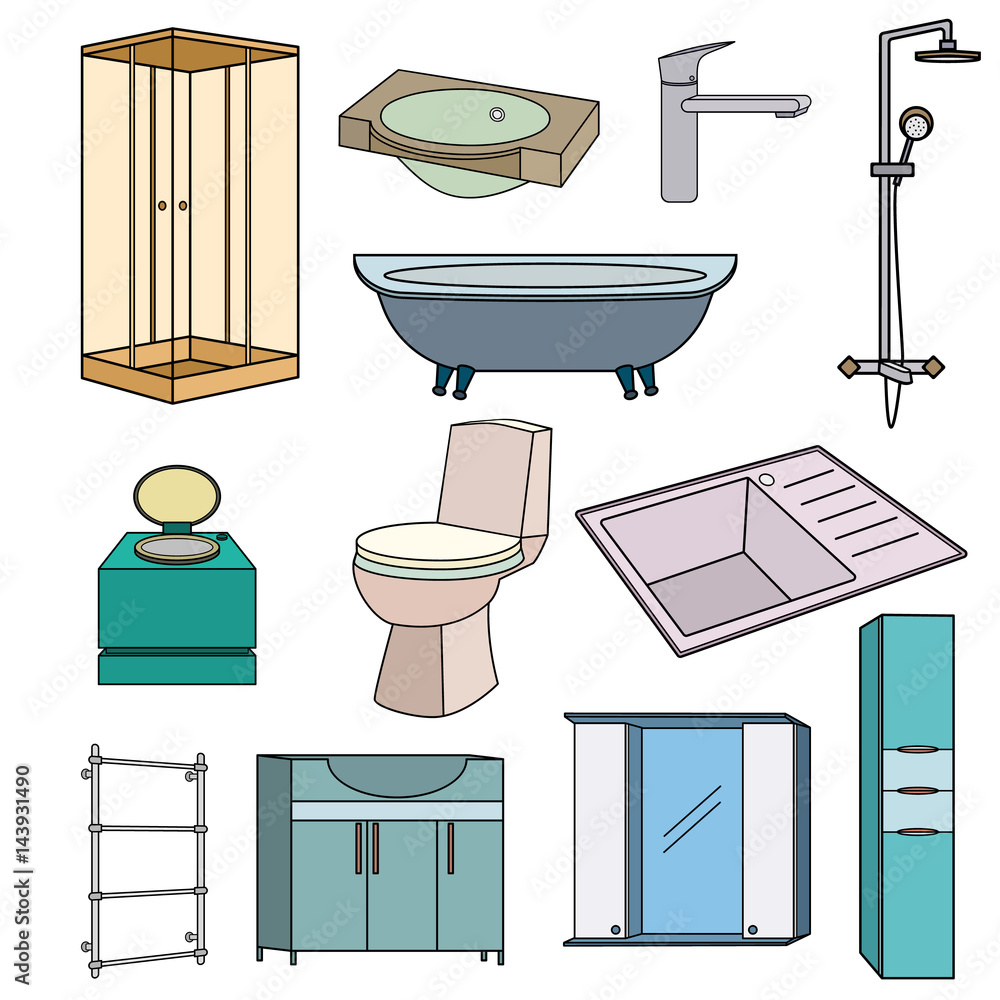 A set of colored items for the bathroom and toilet room. Set of icons ...