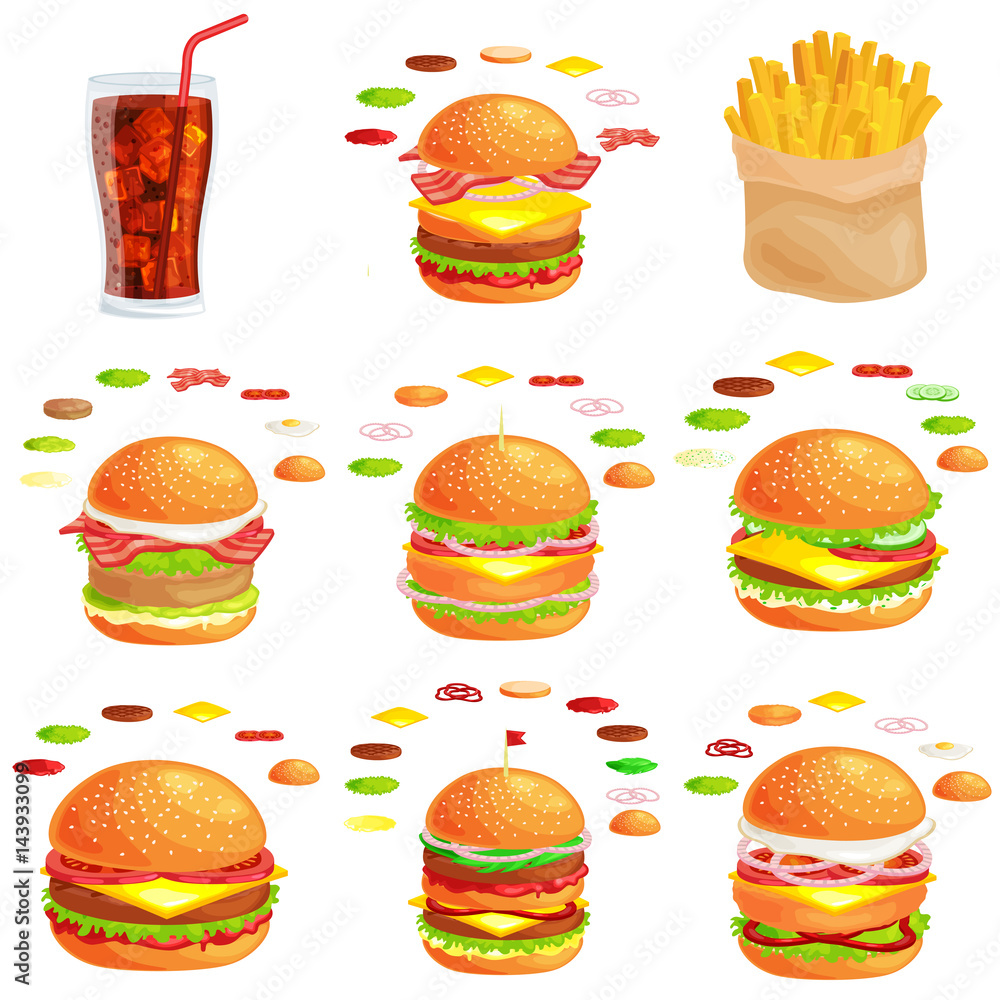 Set of burger grilled beef vegetables dressed with sauce bun snack ...