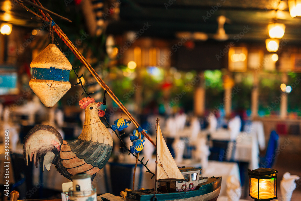 The interior of the fishing restaurant. Fish Cafe. Seafood restaurant ...