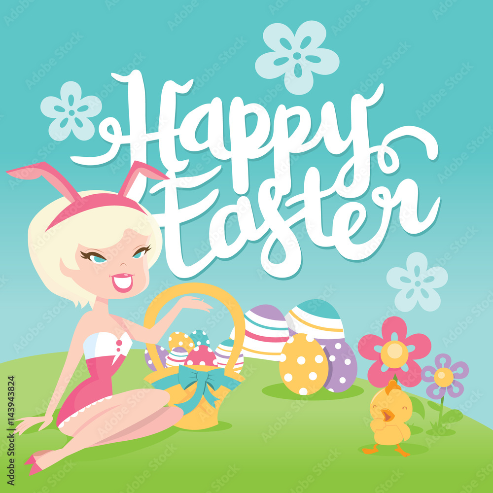 Cartoon Retro Happy Easter Bunny Pinup Girl Garden Greeting Stock