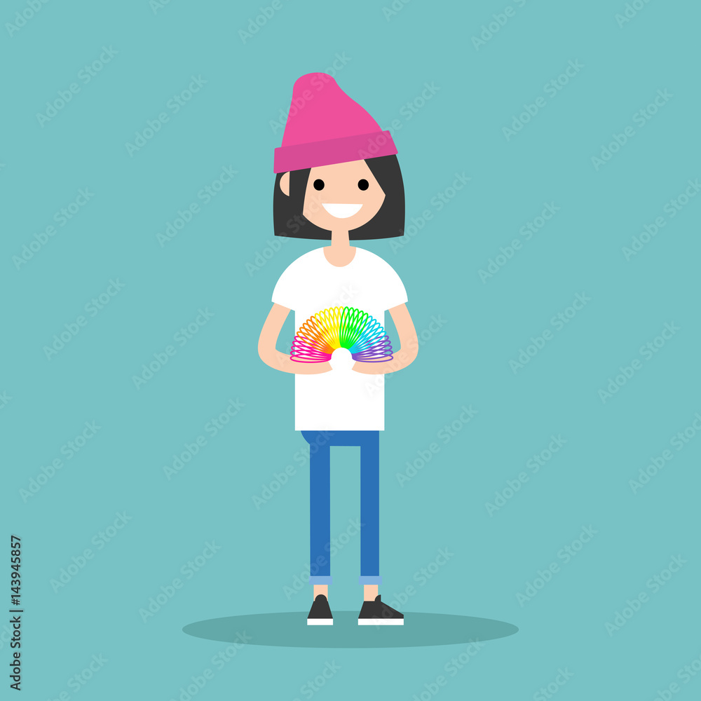 Young girl playing with slinky toy / flat editable vector illustration ...
