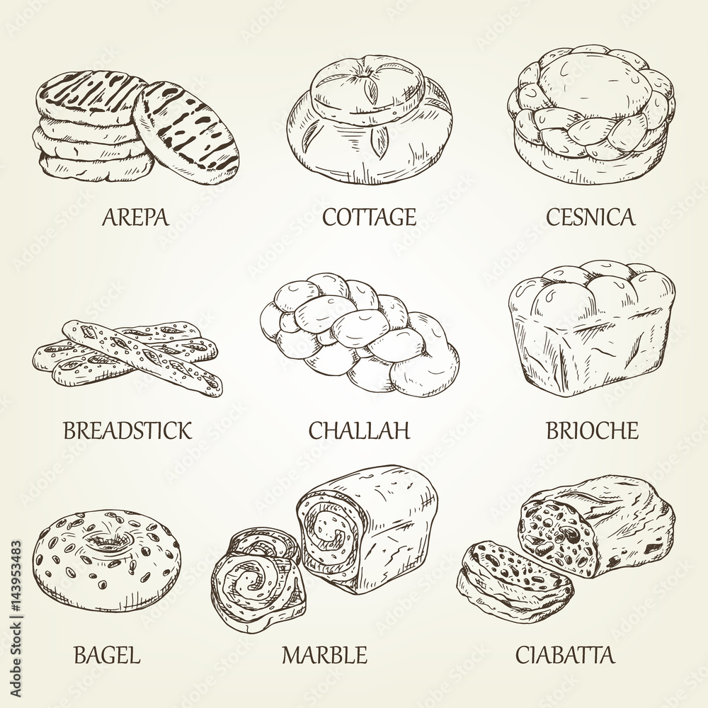 Hand-drawing collection of bakery products. Vector illustration with ...