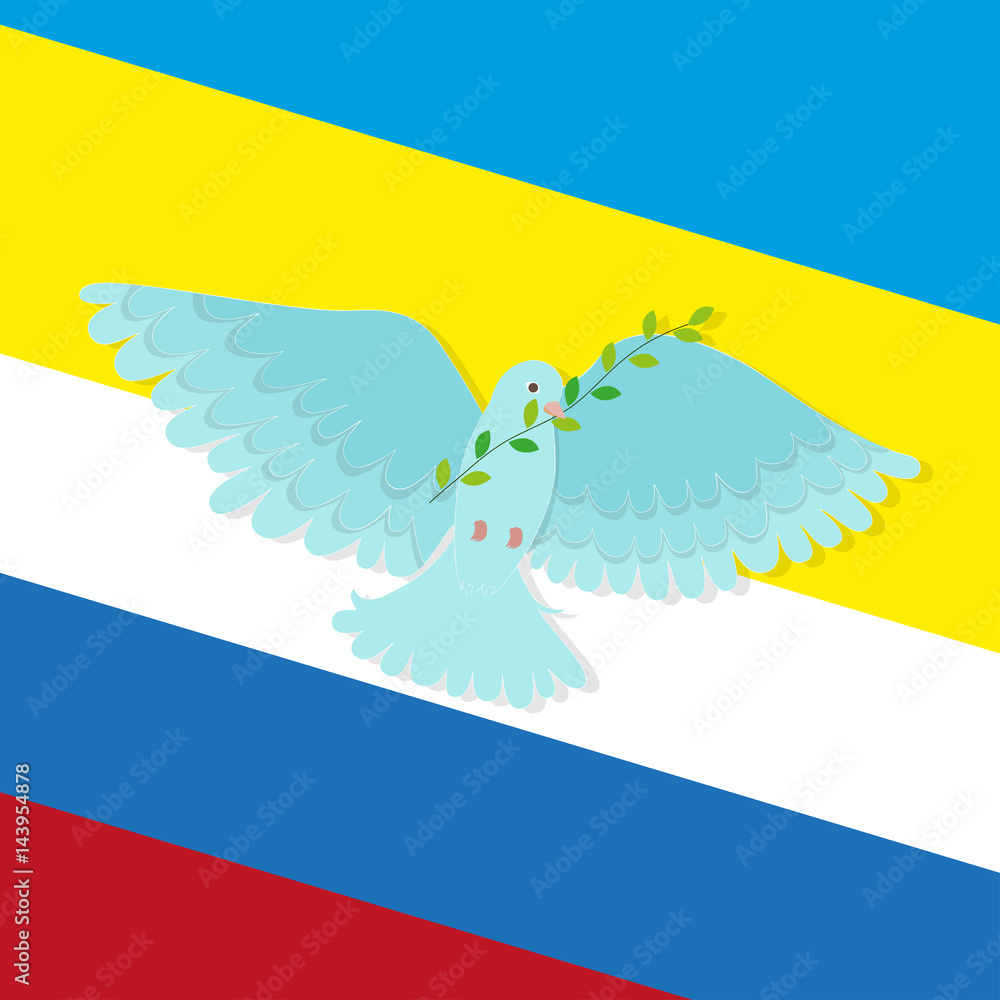 Ukrainian and the Russian flags with a white dove as a symbol of peace ...