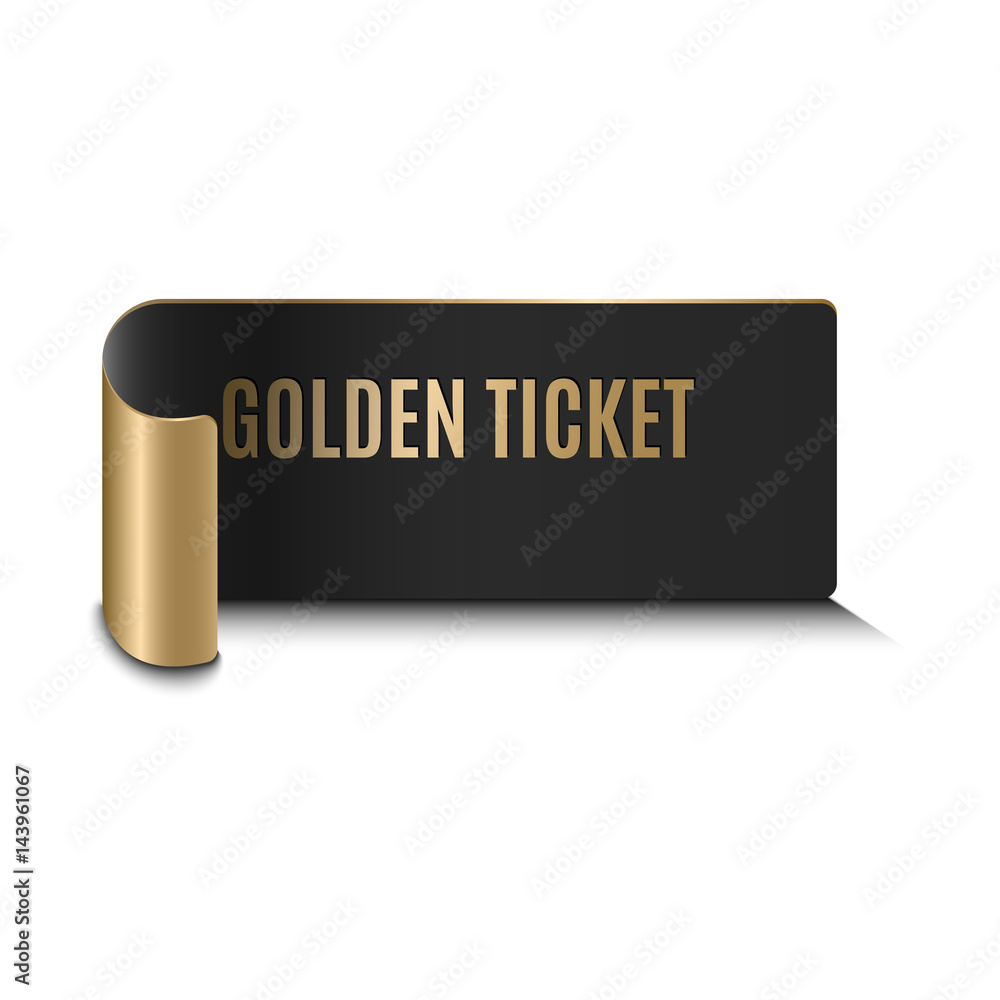 Realistic black gold ticket, gold ribbon. Ribbon on white background ...