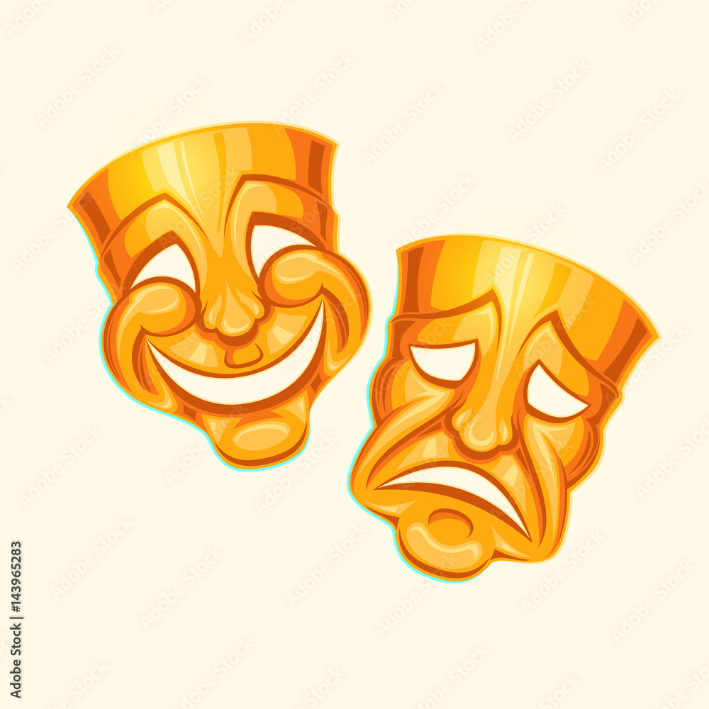 Vector illustration of a golden comic and tragic theater mask in a ...