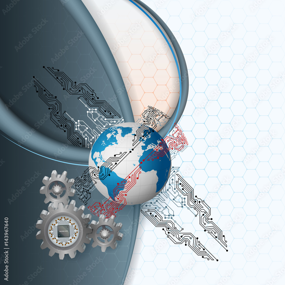 Background design with Earth globe surrounded by electronic circuit and ...