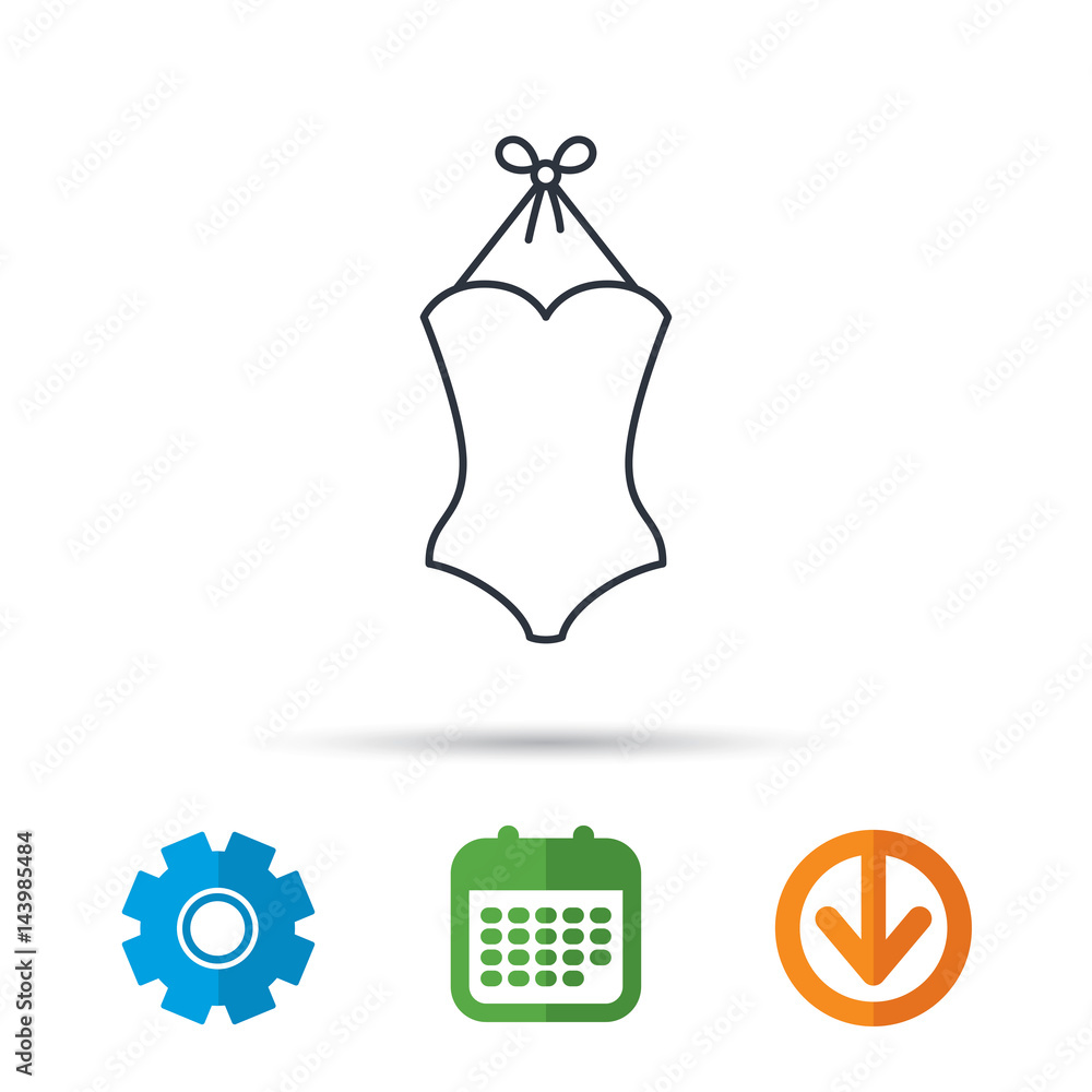 Swimsuit icon. Women swimwear sign. Calendar, cogwheel and download ...