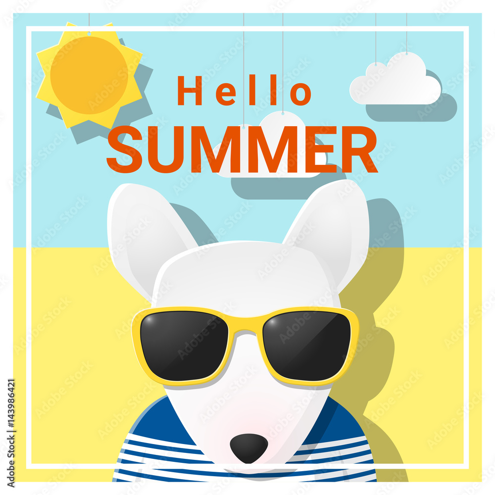 Hello summer background with dog wearing sunglasses , vector ...