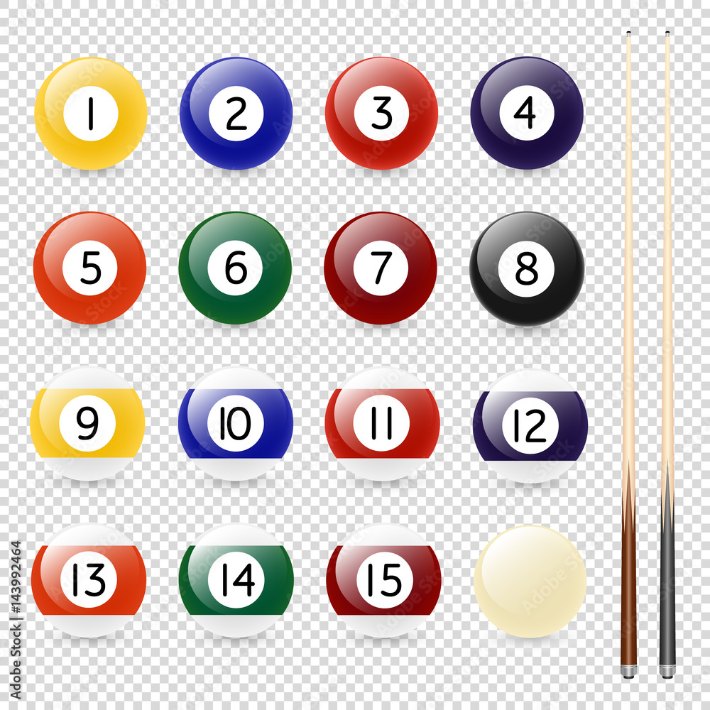 Vector realistic pool - billiard balls and cue closeup isolated on ...