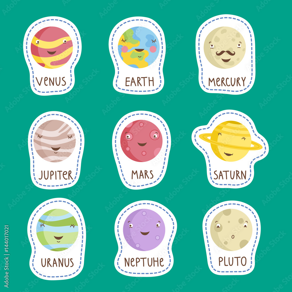 Planets cartoon stickers. Smiling Venus, Earth, Mercury. Jupiter, Mars ...