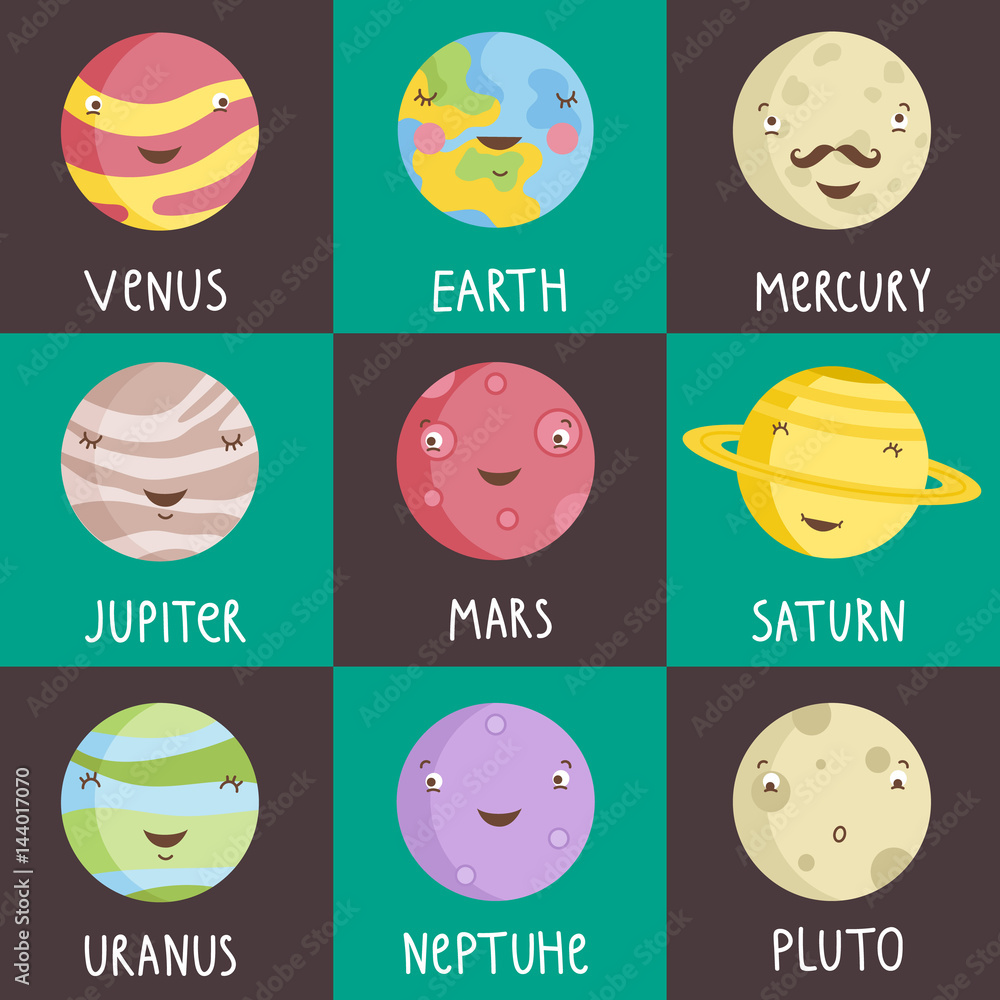 Solar system planets cartoon faces icons. Smiling Venus, Earth, Mercury ...