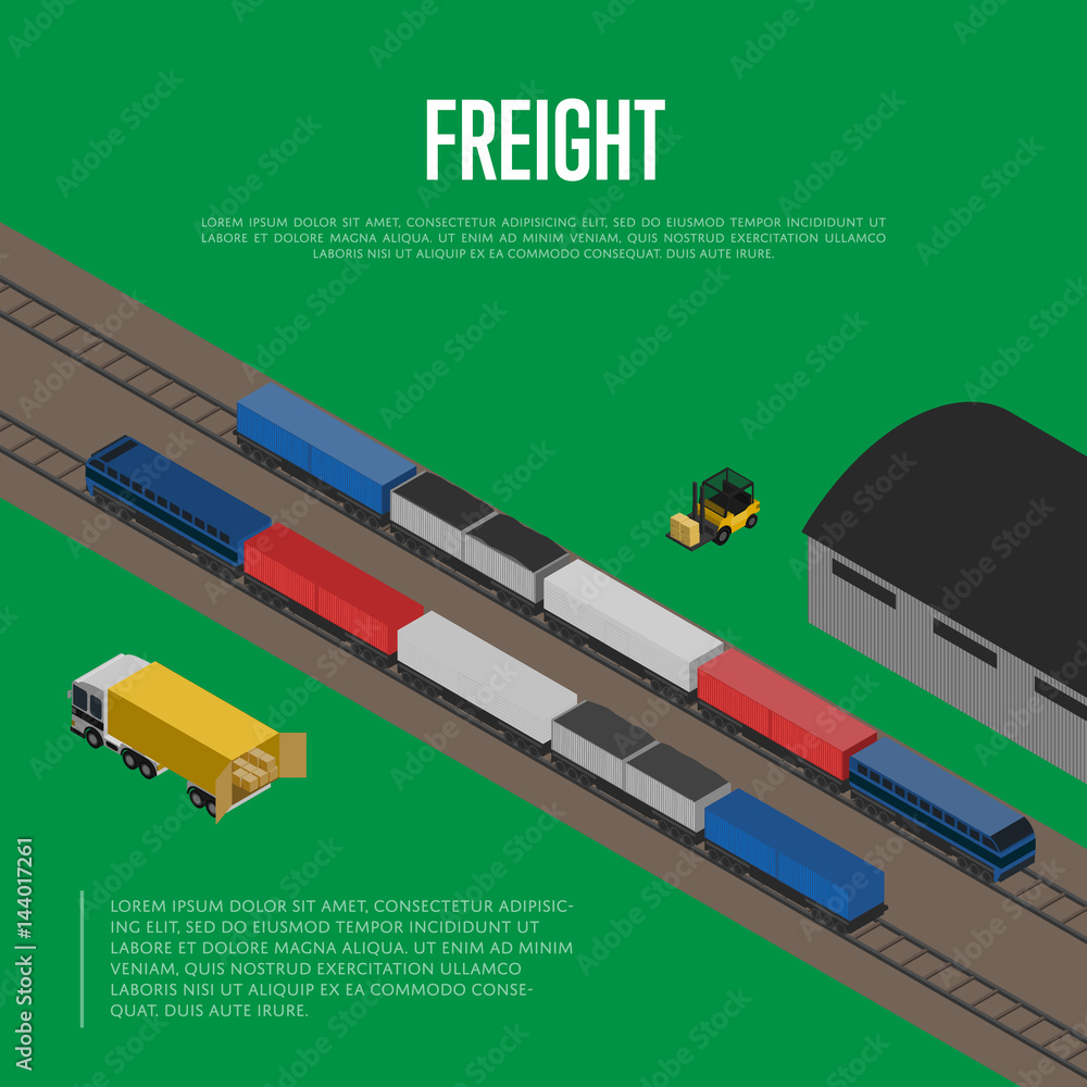 Delivery freight isometric banner vector illustration. Forklift trucks ...