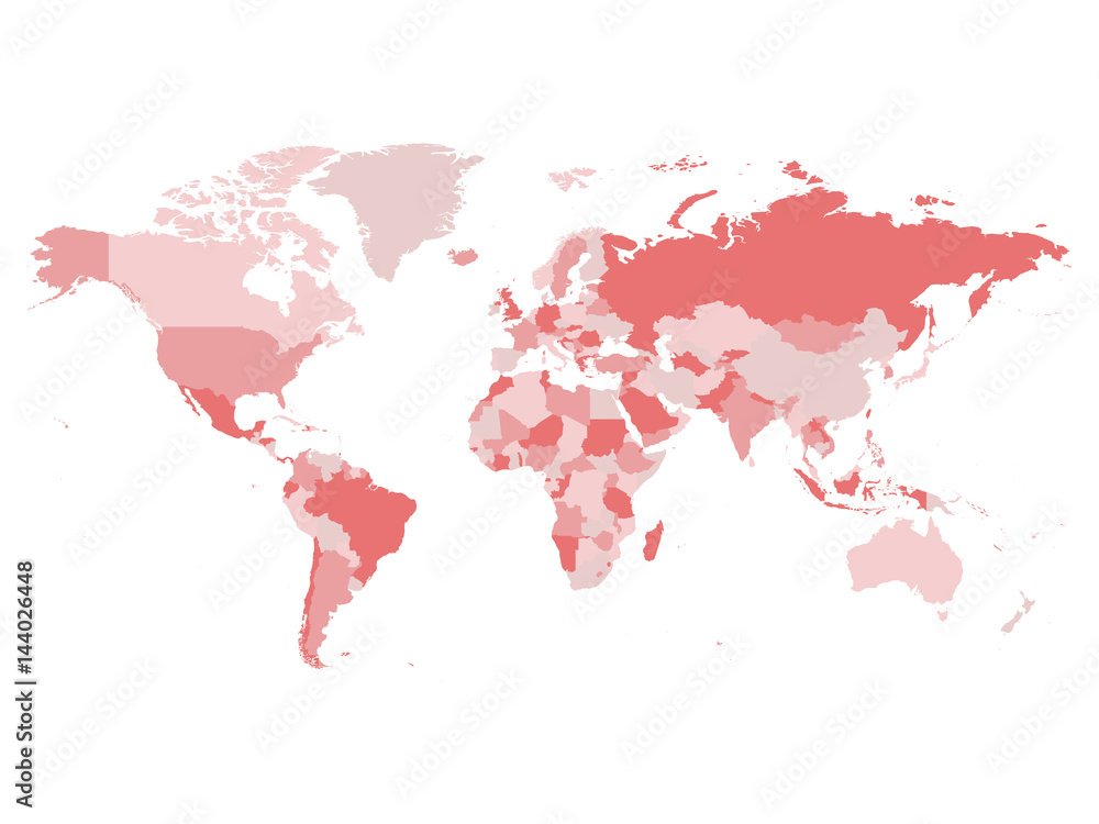 World map in four shades of pink on white background. High detail blank ...