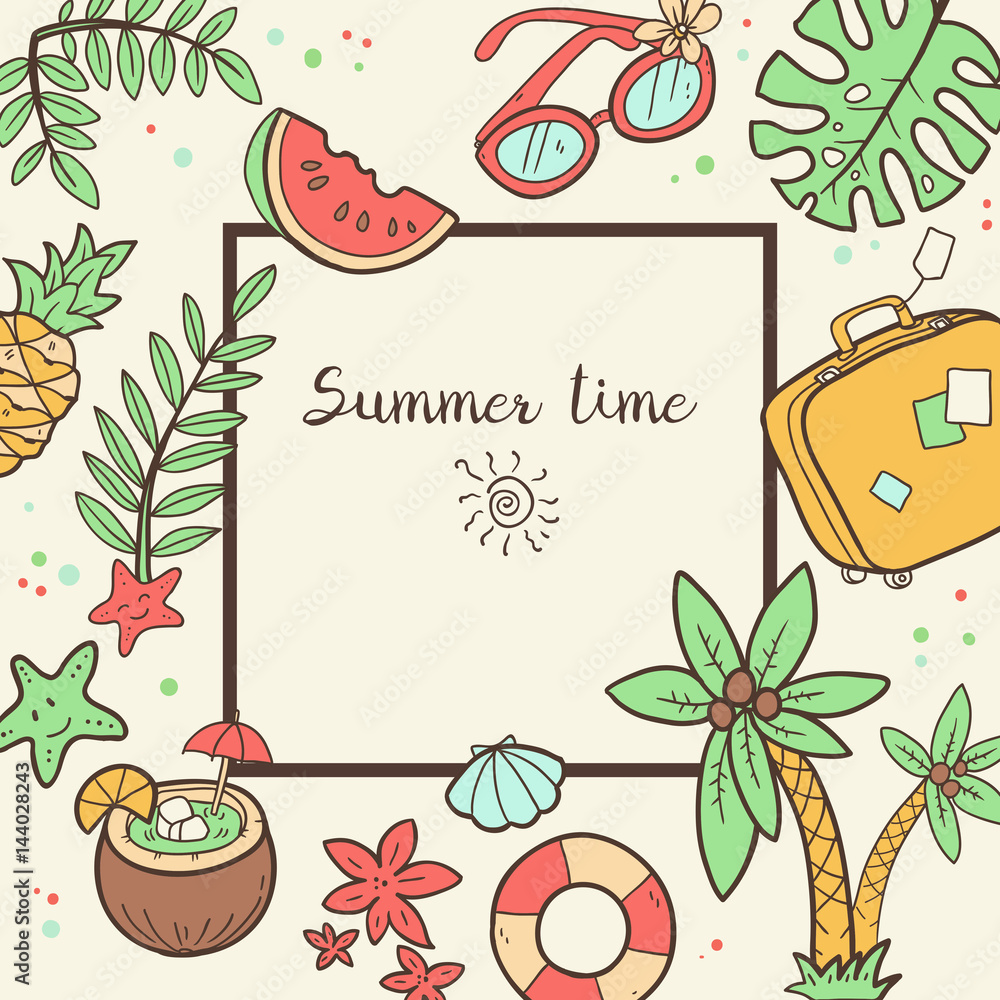 Vector cute doodle background Summer time. Square frame with pal Stock ...