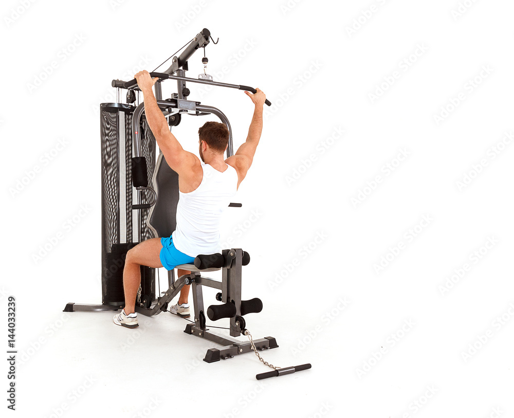 Athlete (bodybuilder) with is doing exercise on for certain groups of ...